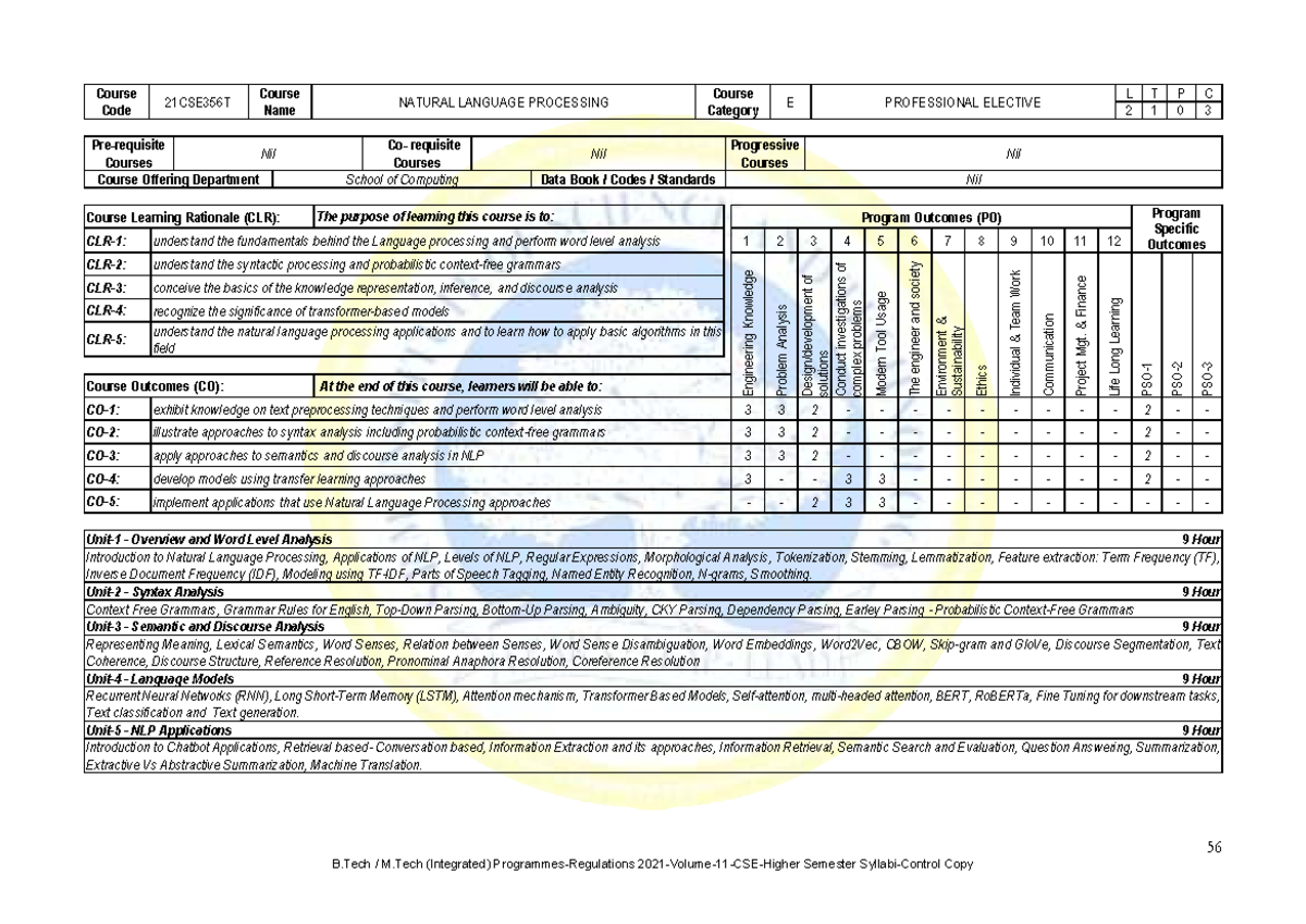 NLP Syllabus Overview: 21CSE356T Natural Language Processing Course ...