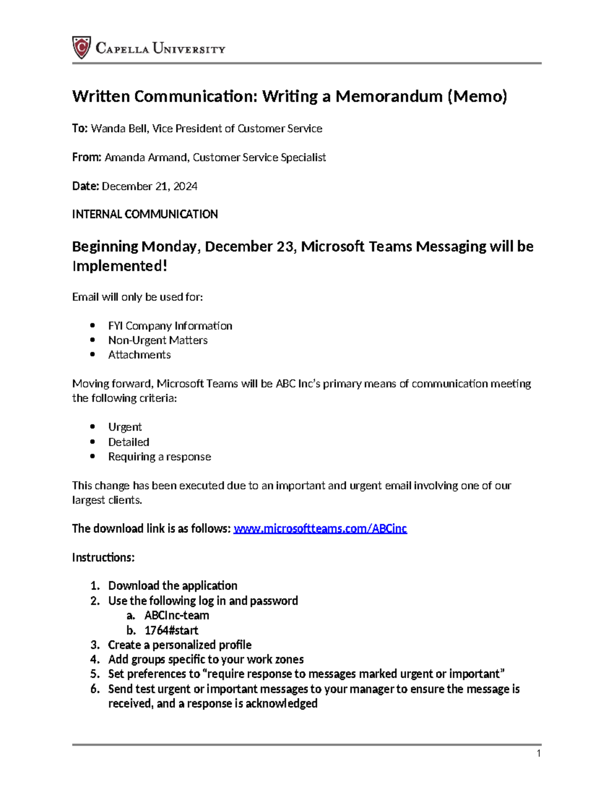 Assessment 4 Memo - Written Communication: Writing a Memorandum (Memo ...