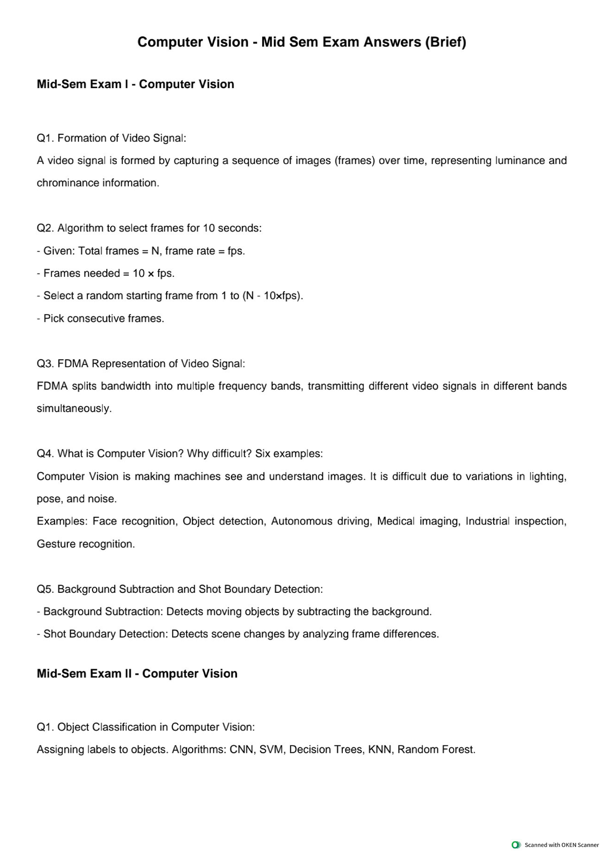 Computer Vision Mid Sem Exam Answers (Brief) - Exam I & II - Studocu