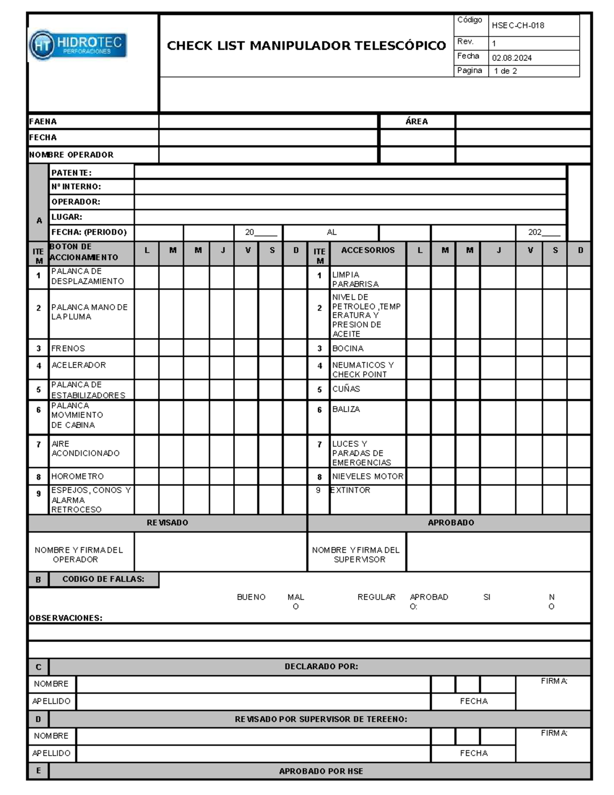 Check List Manipulador Telescópico HSEC-CH-018 Rev. 1 - Studocu