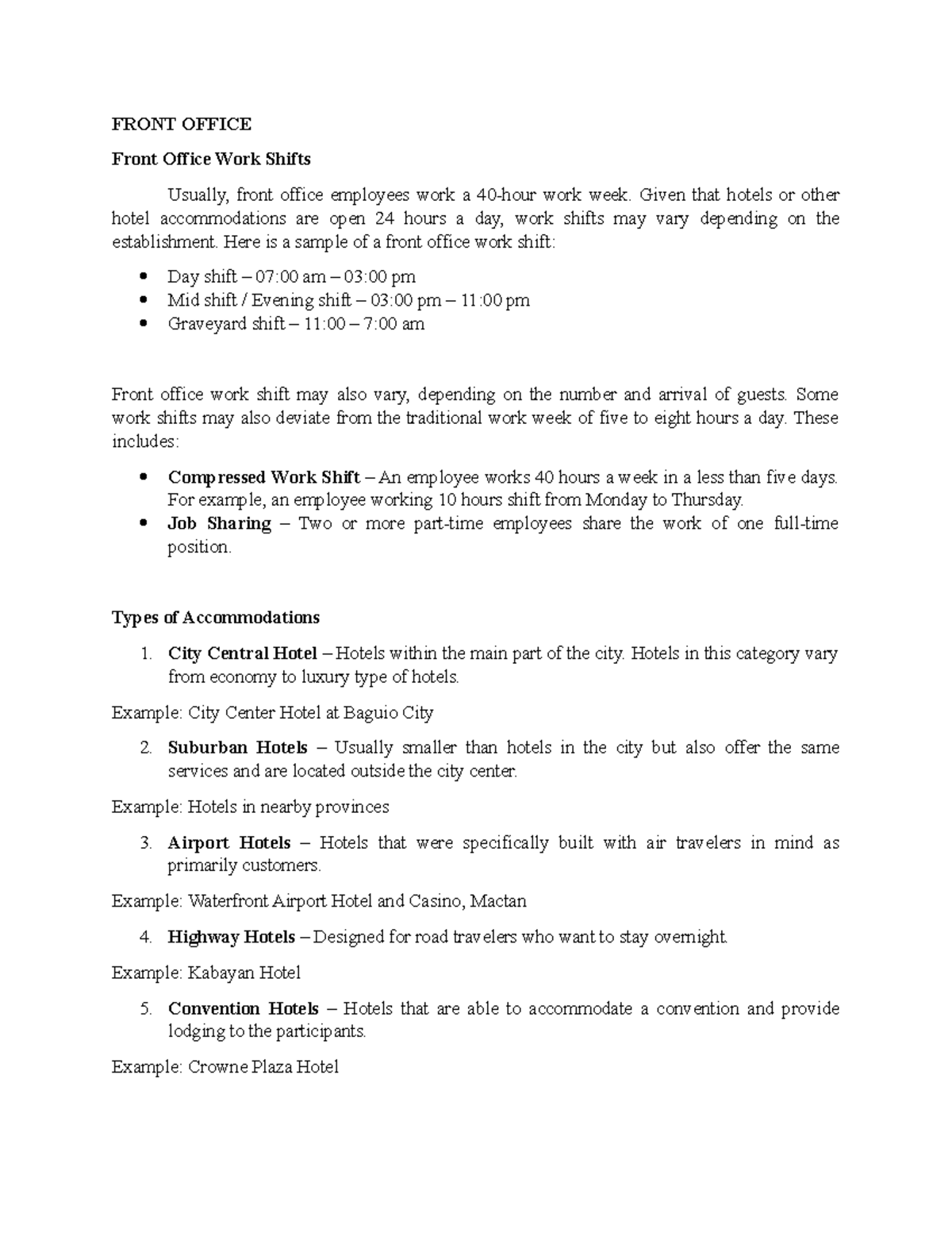 FRONT OFFICE WORK SHIFTS & TYPES OF ACCOMMODATIONS OVERVIEW - Studocu