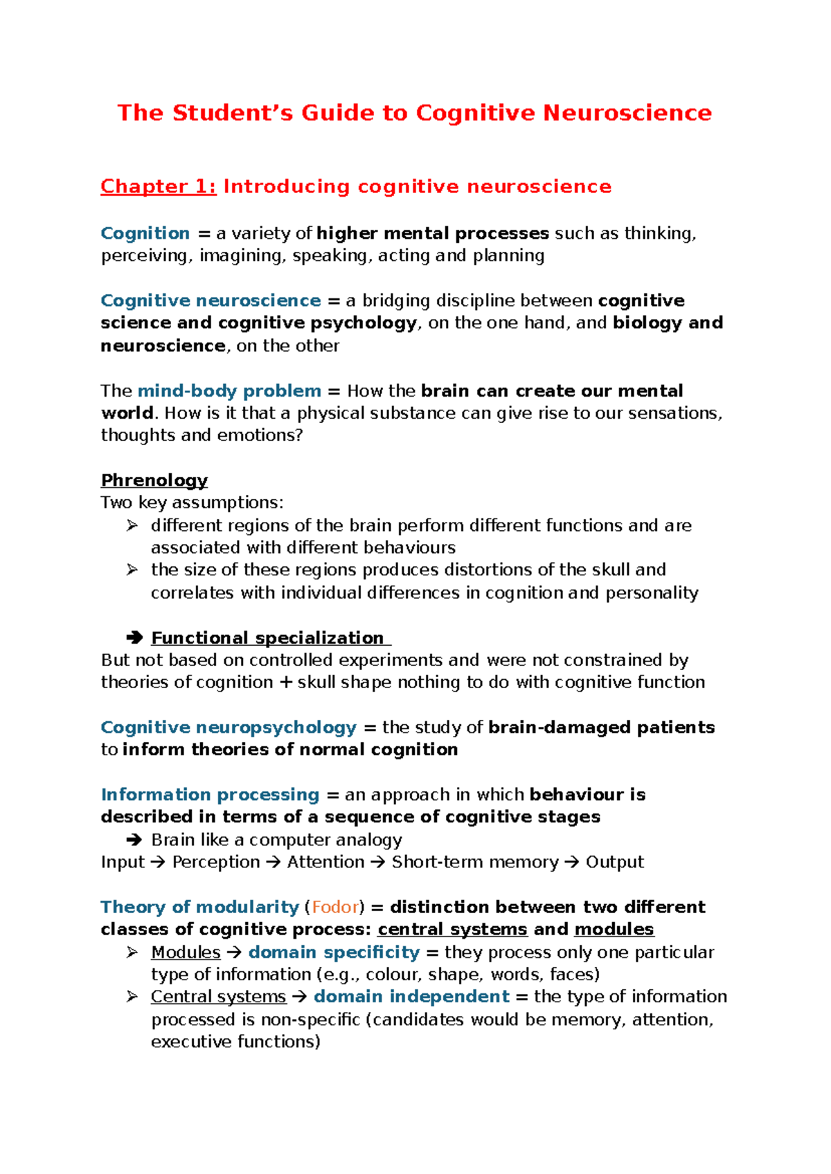 Cognitive Neuroscience Overview: Chapter 1 Summary (CNS 101) - Studeersnel