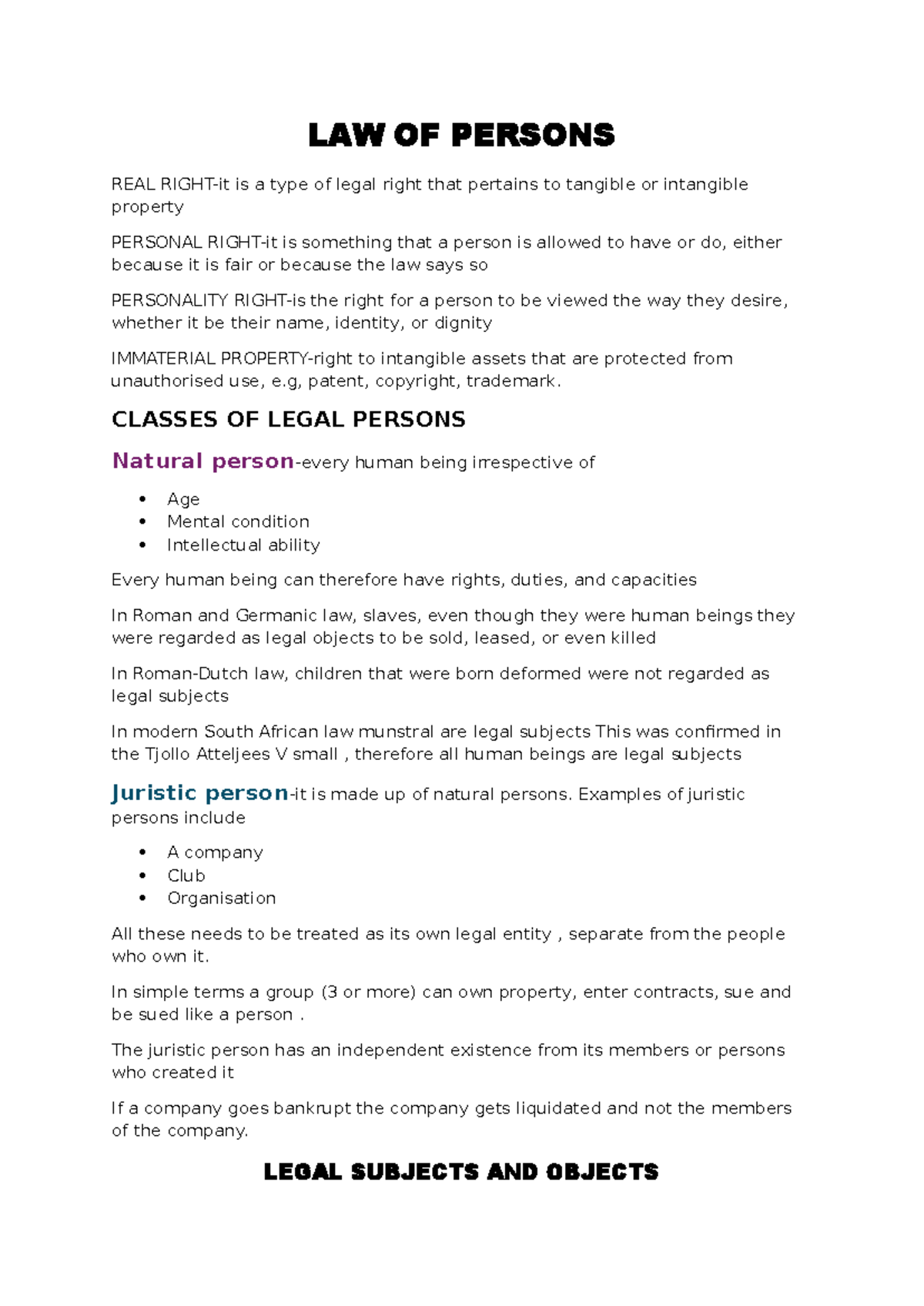 LAW OF PERSONS (LAW 101) - Comprehensive Lecture Notes - Studocu
