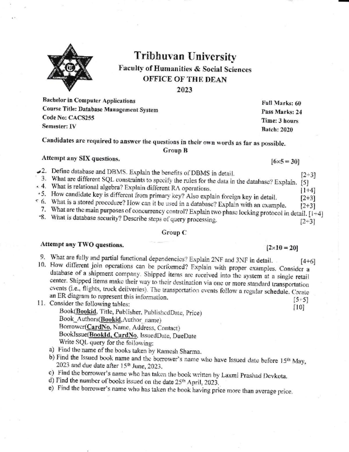 Database Management System (CACS255) Exam Questions 2023 - Studocu