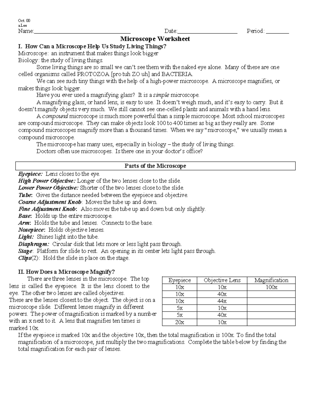 Microscope Worksheet: Understanding Magnification & Usage - Studocu