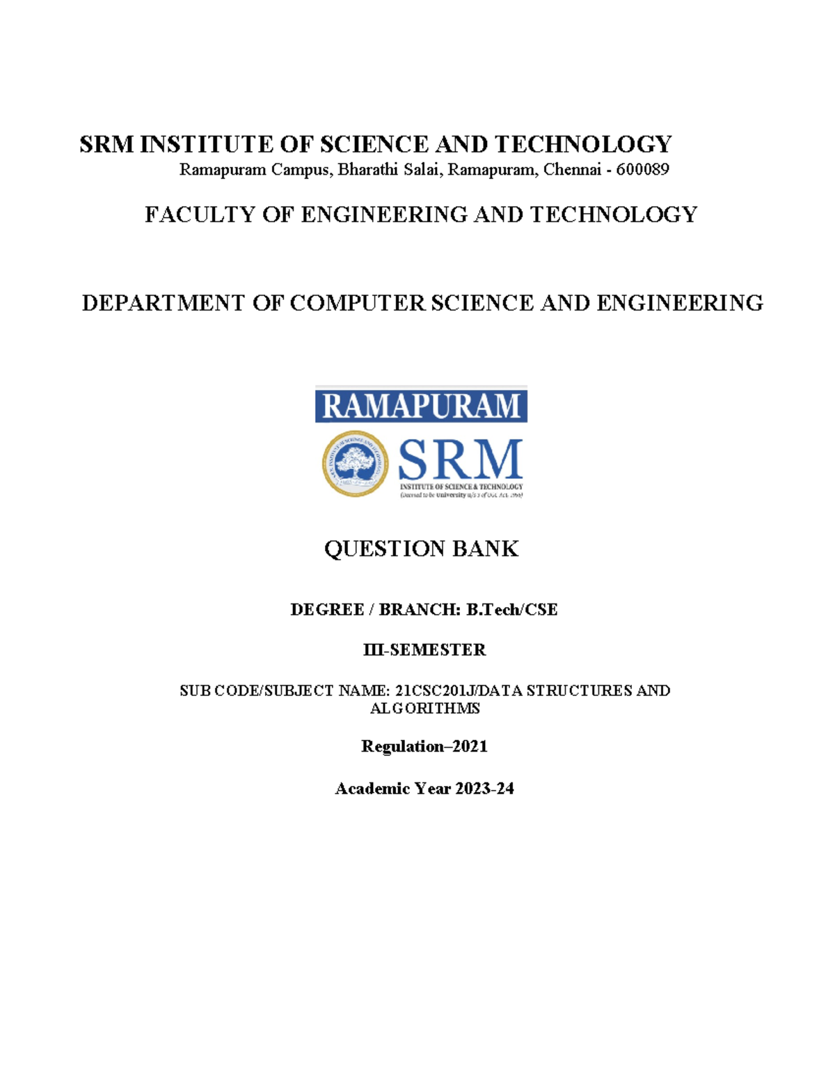 Question Bank for Data Structures and Algorithms (CSE 101) - Studocu