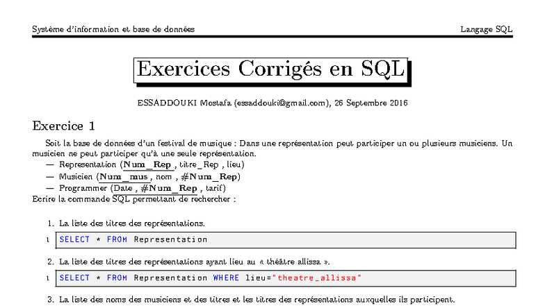 Exercices Corrigés en SQL - Système et Base de Données - ESSADDOUKI - Studocu