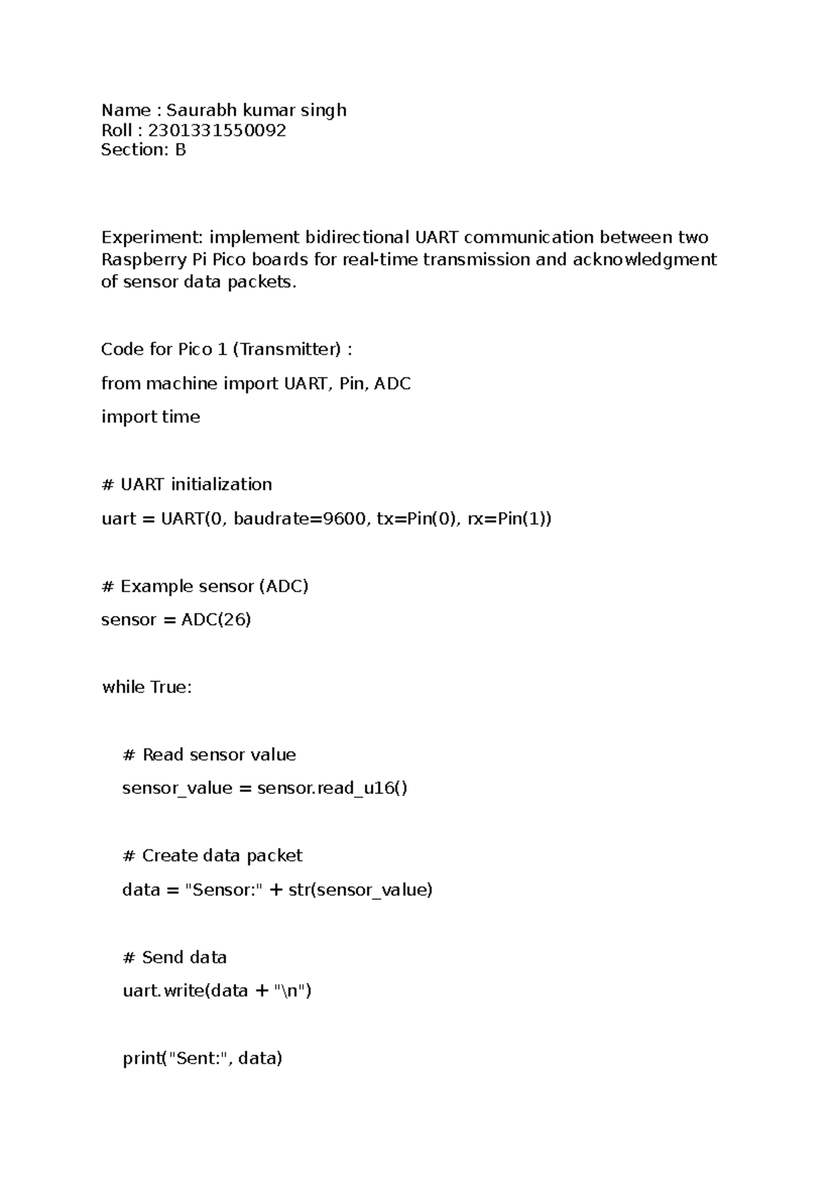 Experiment: Bidirectional UART Comm. on Raspberry Pi Pico - Studocu