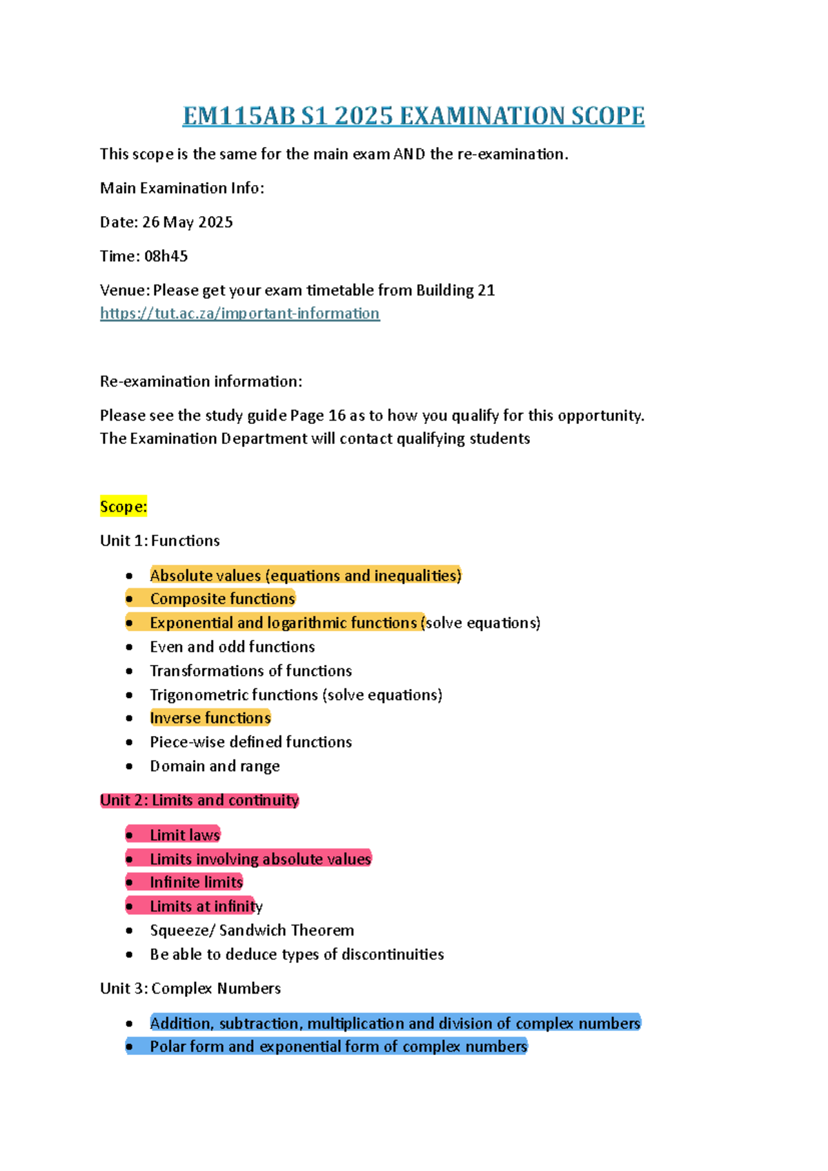 EM115AB Final Exam Scope: Functions, Limits, and Complex Numbers - Studocu