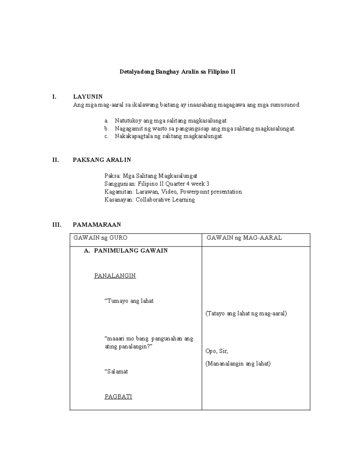Detalyadong Banghay Aralin sa Filipino II: Mga Salitang Magkasalungat ...