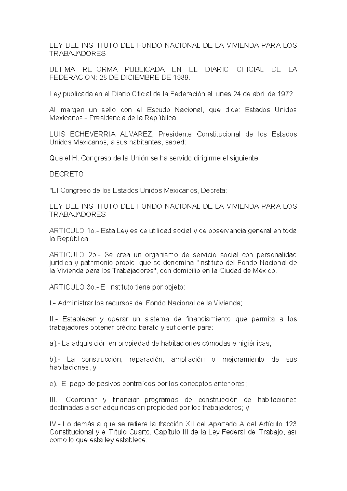 LEY DEL Instituto DEL Fondo Nacional DE LA Vivienda PARA LOS ...