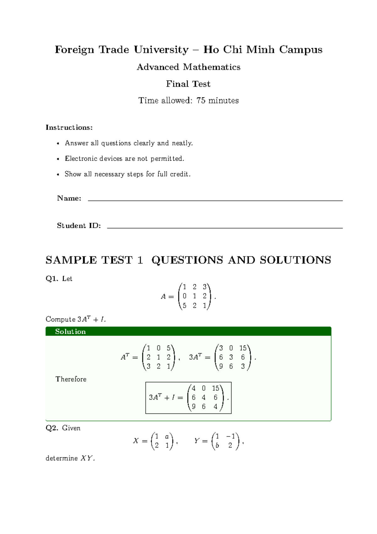 Sample Final Exam Solutions for Advanced Mathematics (MATH 101) - Studocu