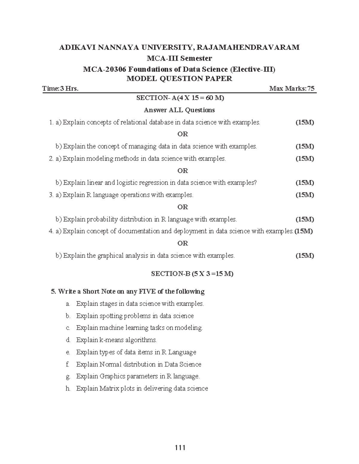 ADIKAVI NANNAYA UNIVERSITY FDS Semester Model Question Paper - Studocu
