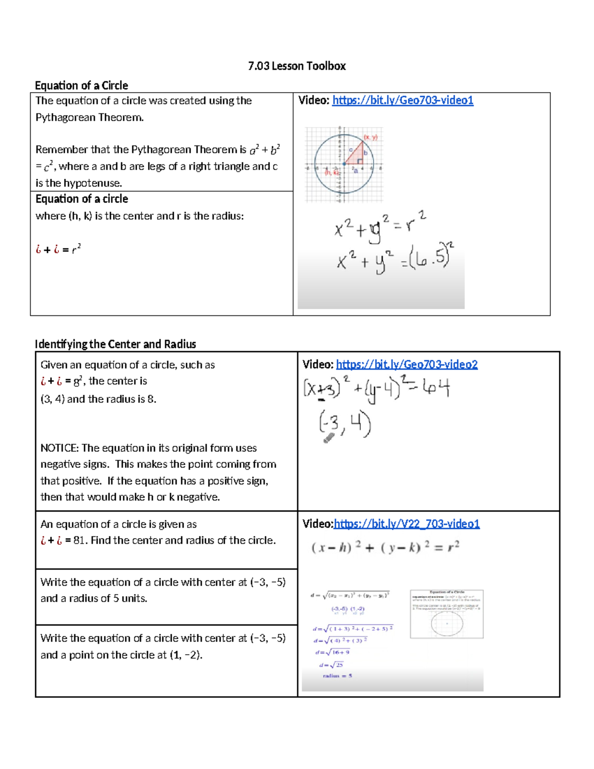 Geo Mod 7.03 Lesson Notes on Circles and Arc Length - Studocu