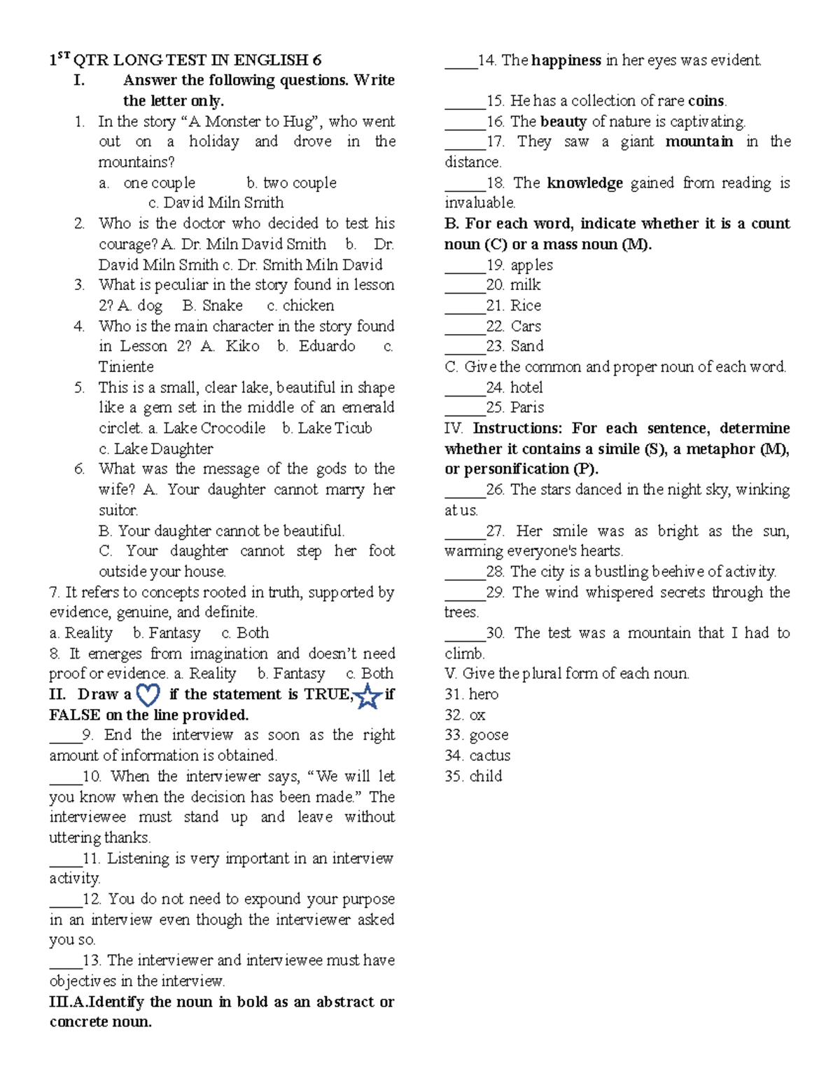 1ST QTR LONG TEST 2023 - long tests - 1 ST QTR LONG TEST IN ENGLISH 6 I ...