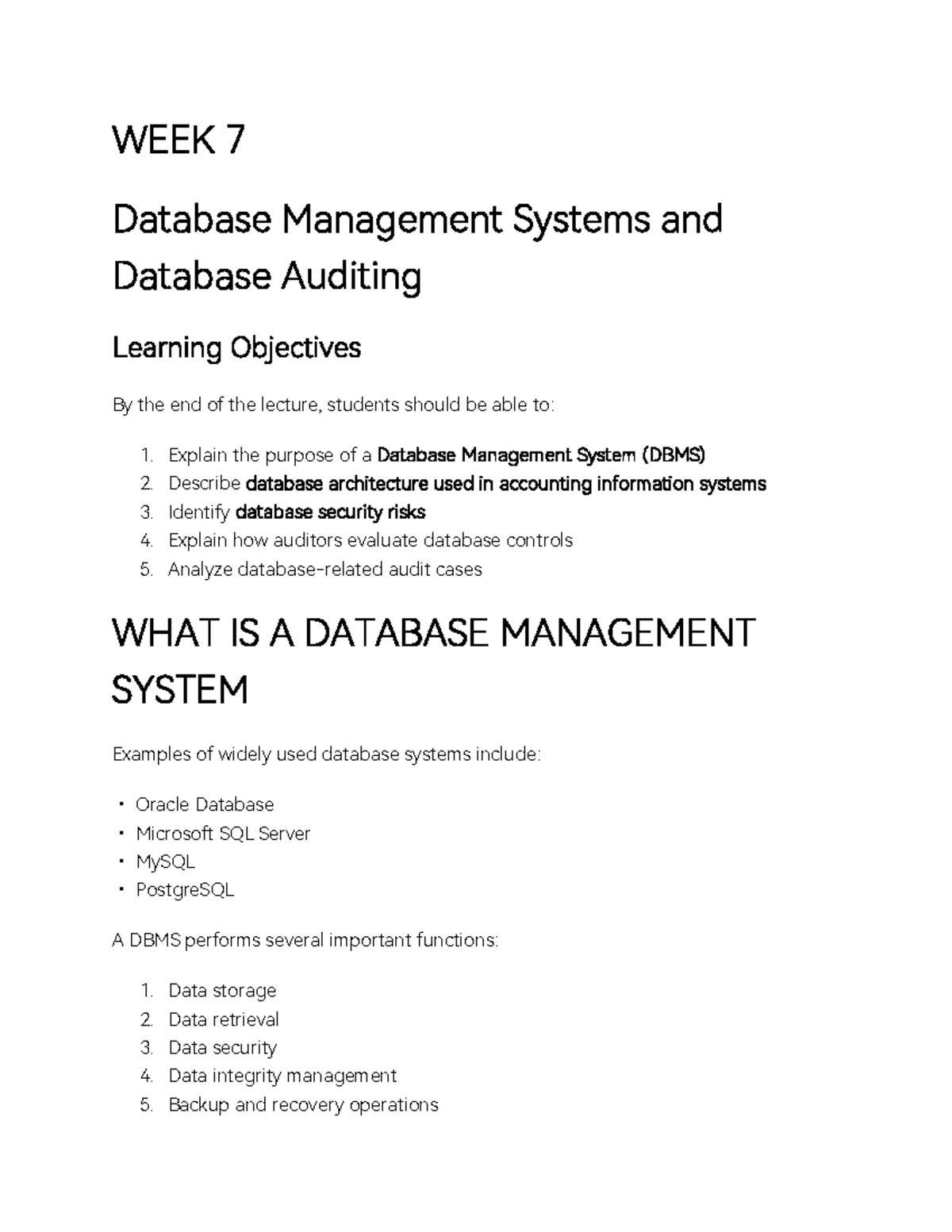 CIS-Student-Module: Week 7 DBMS & Auditing Learning Objectives - Studocu