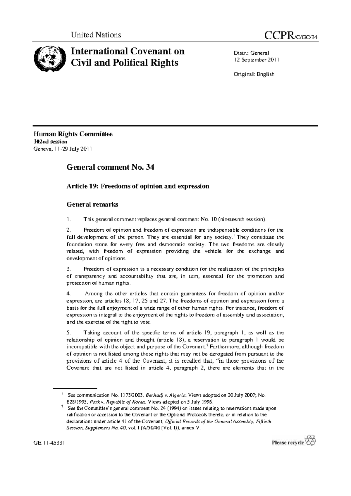 General Comment No. 34 on Article 19: Freedoms of Opinion & Expression ...