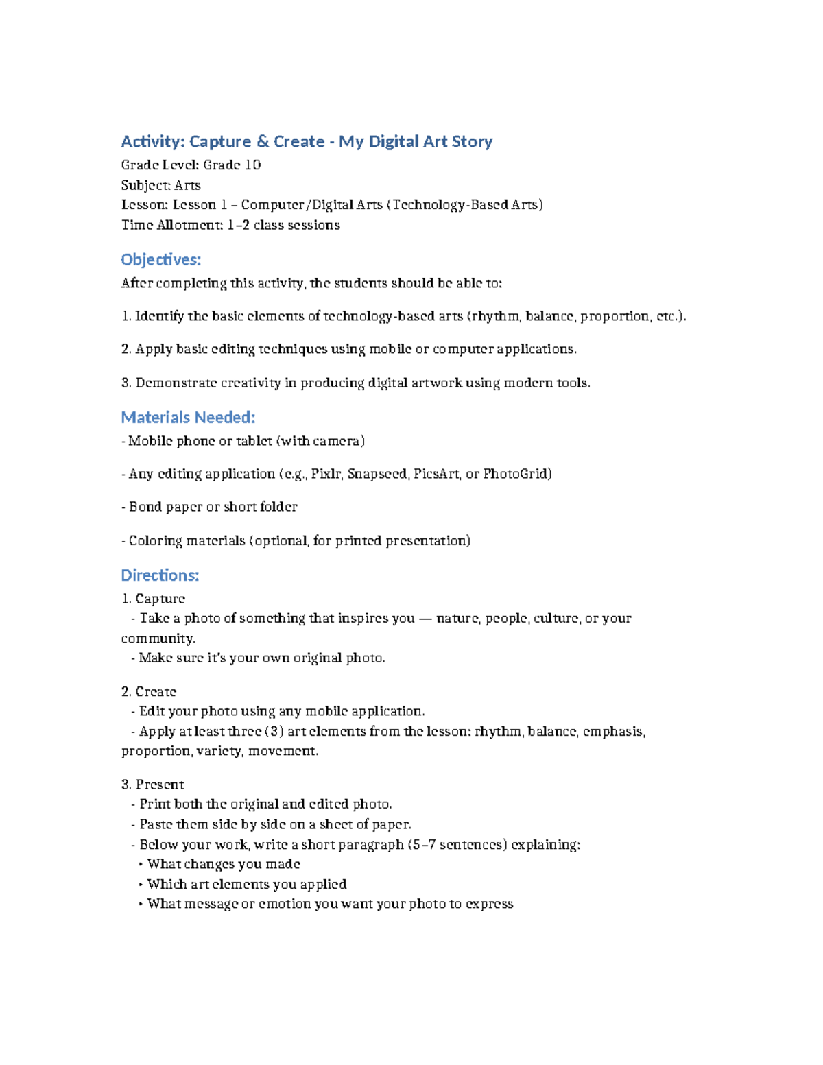 Capture and Create: Digital Art Activity for Grade 10 Arts - Studocu