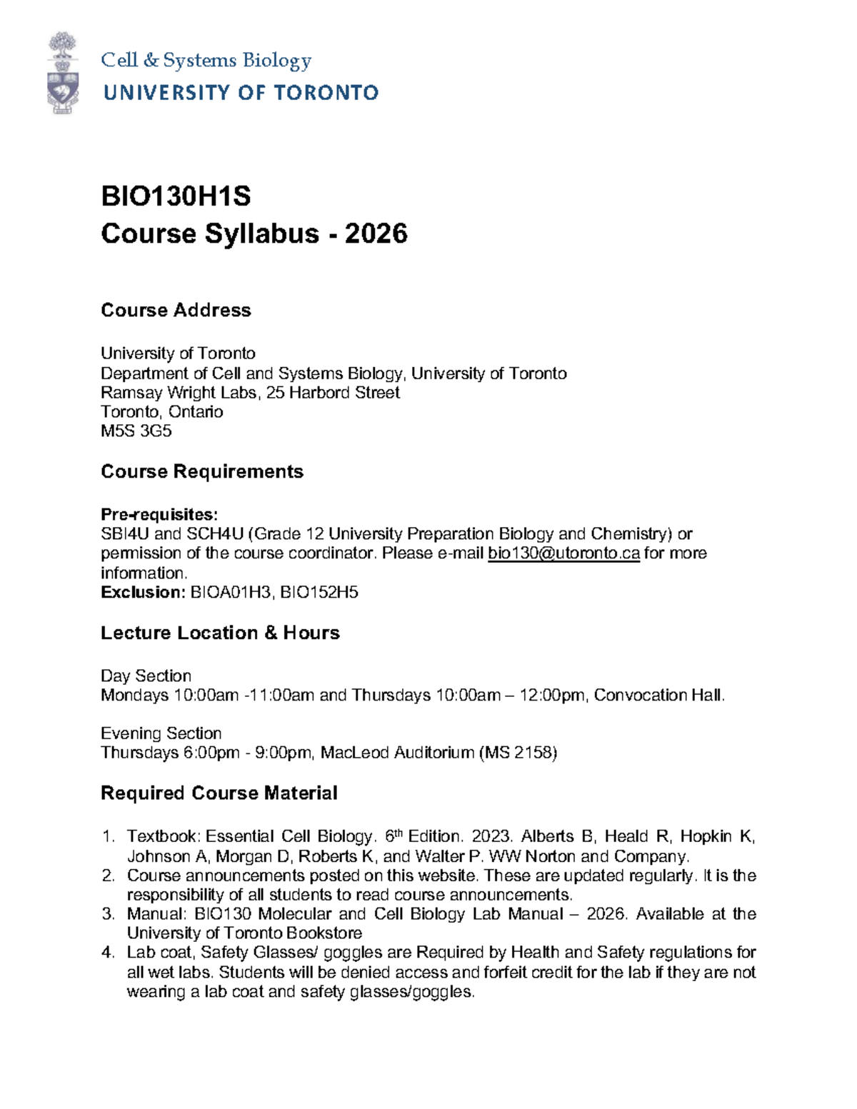 BIO130H1S Cell Systems Biology Course Syllabus 2026 - Studocu