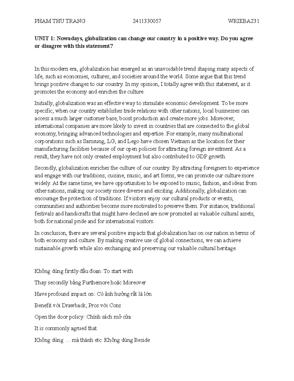WRIEBA231 Unit 1: The Positive Impact of Globalization on Our Country ...