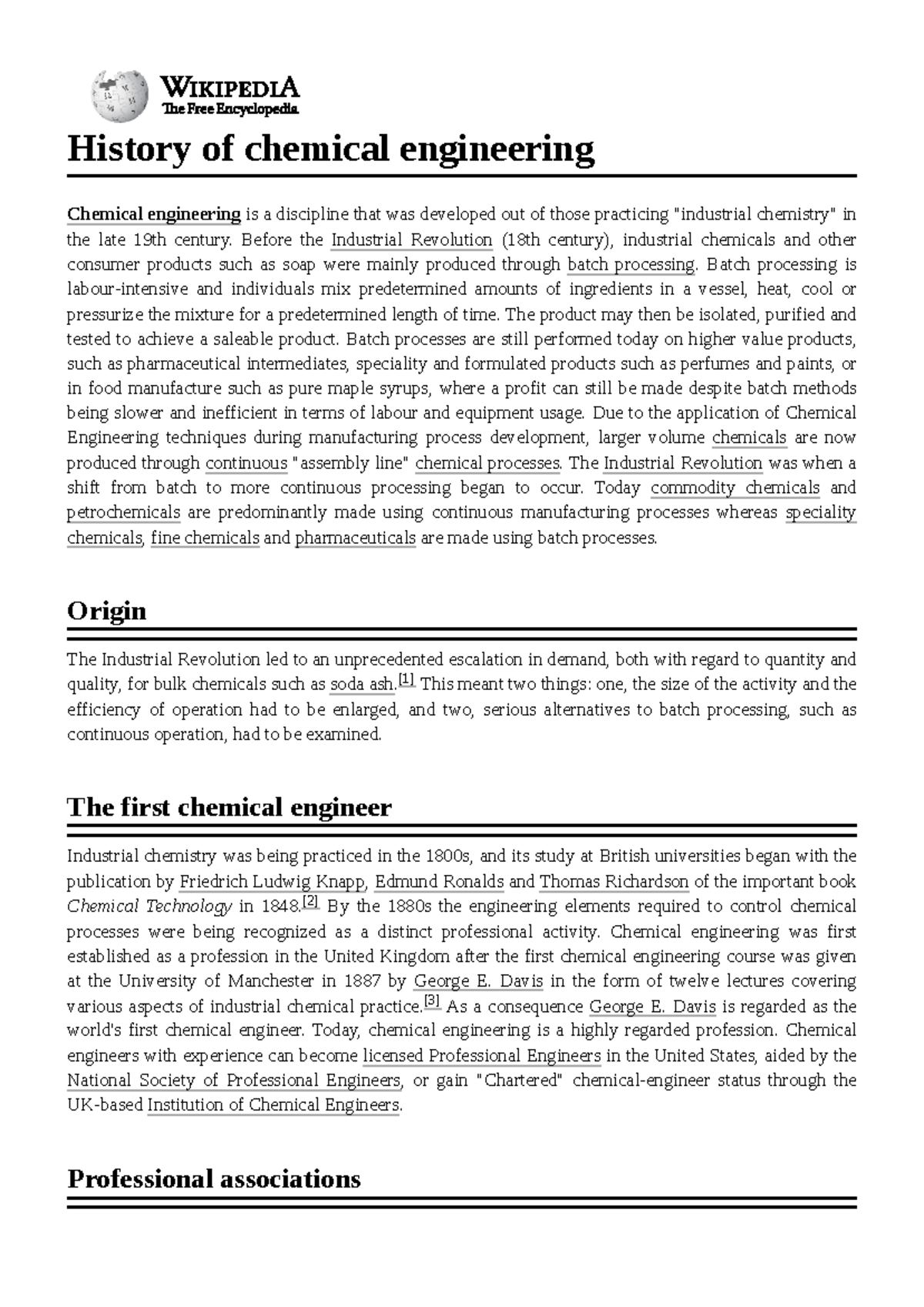 History of Chemical Engineering: Development and Professional ...