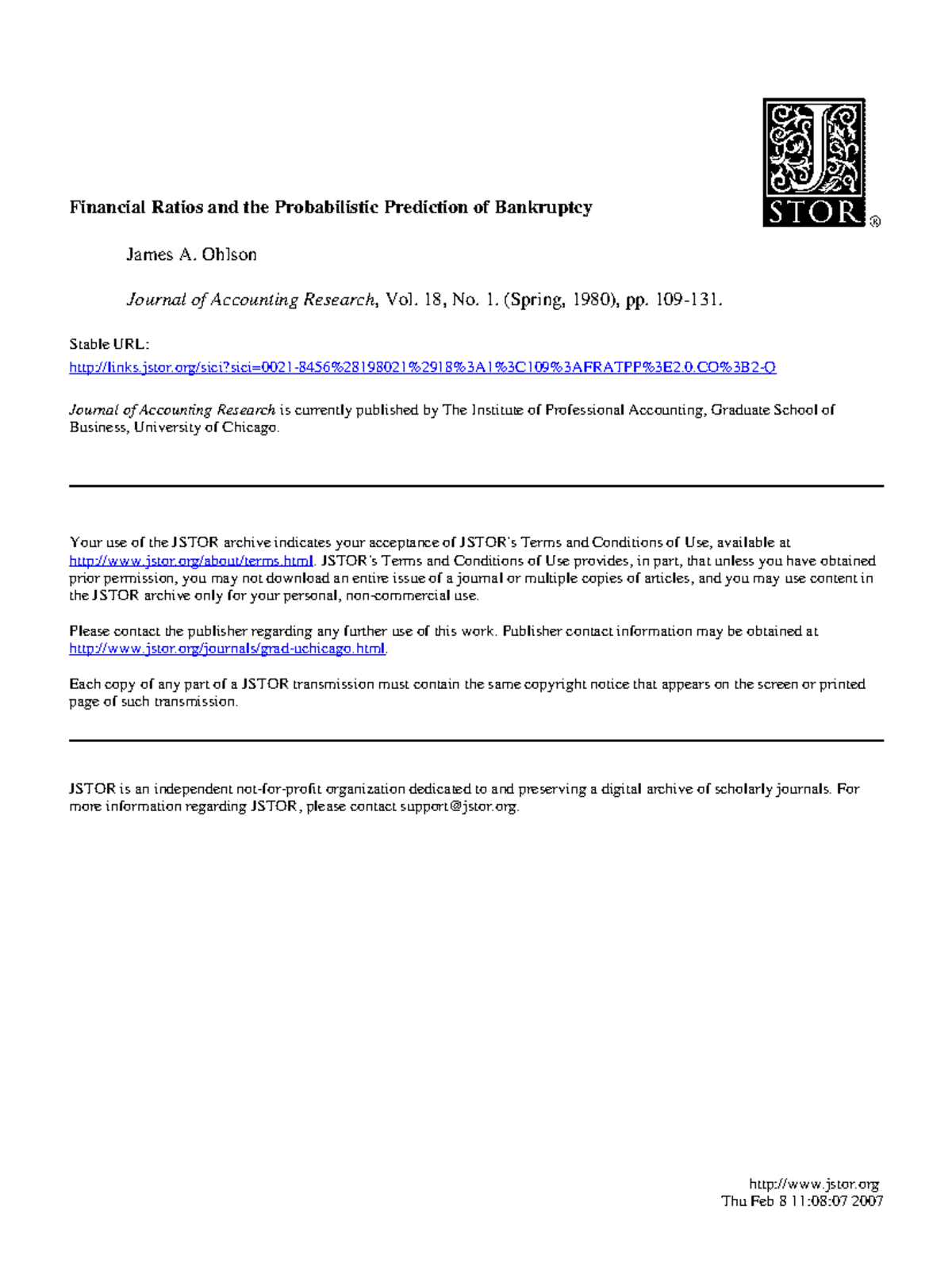 Ohlson 1980 - wollongong - Financial Ratios and the Probabilistic ...
