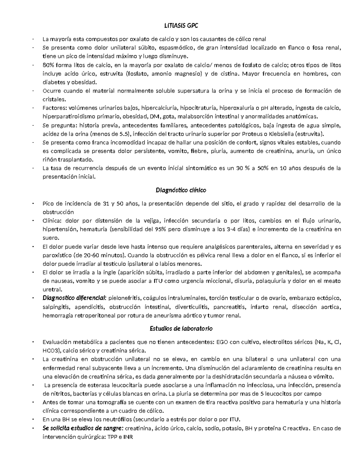 Litiasis GPC: Resumen y Diagnóstico de Cálculos Renales - Studocu
