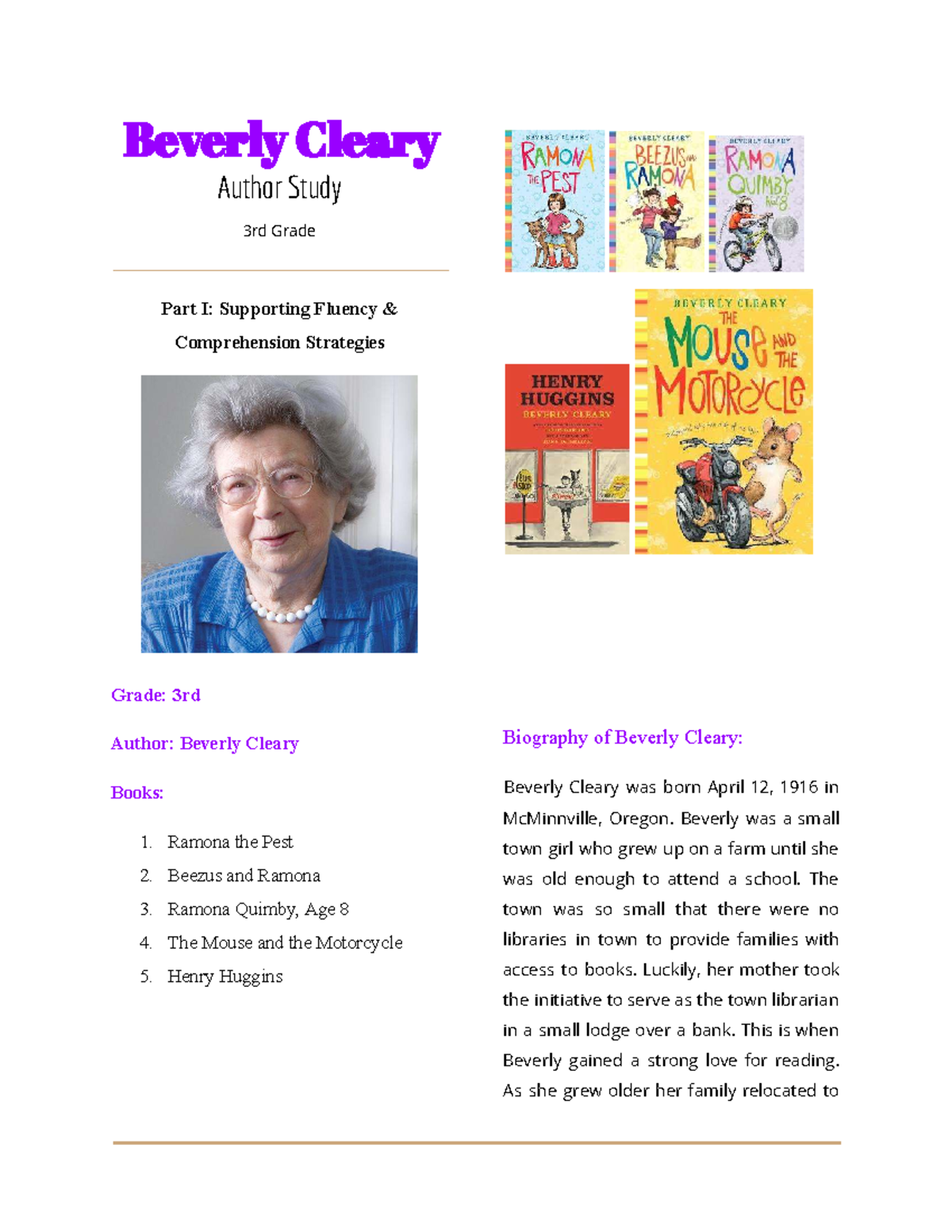 Beverly Cleary Author Study: Comprehension Strategies for 3rd Grade ...