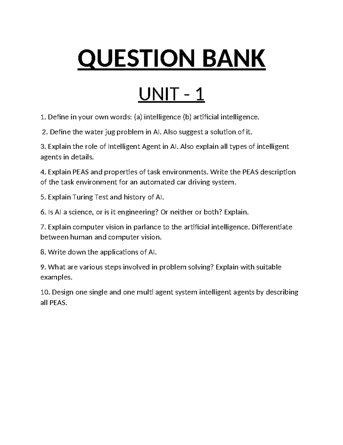 AI Question Bank: Unit 1 to Unit 5 - ASCSDS - Studocu
