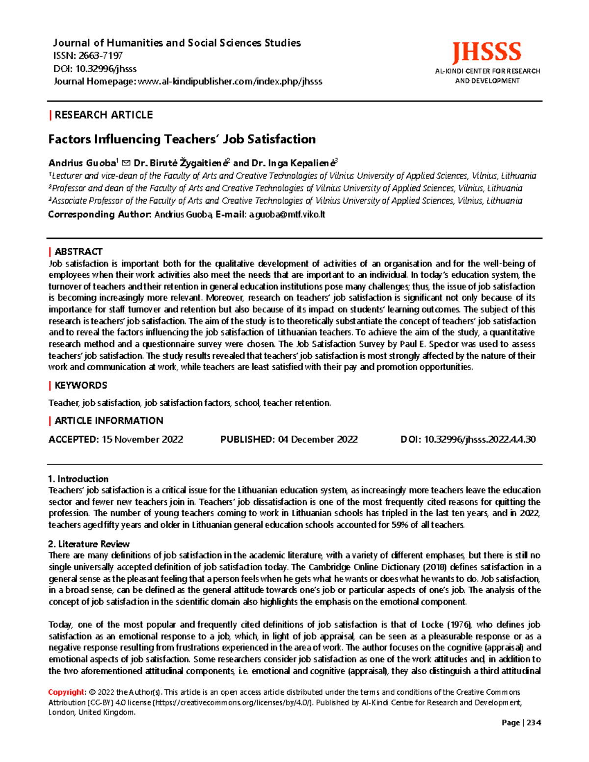 Factors Influencing Teachers' Job Satisfaction: A Study on Lithuanian ...