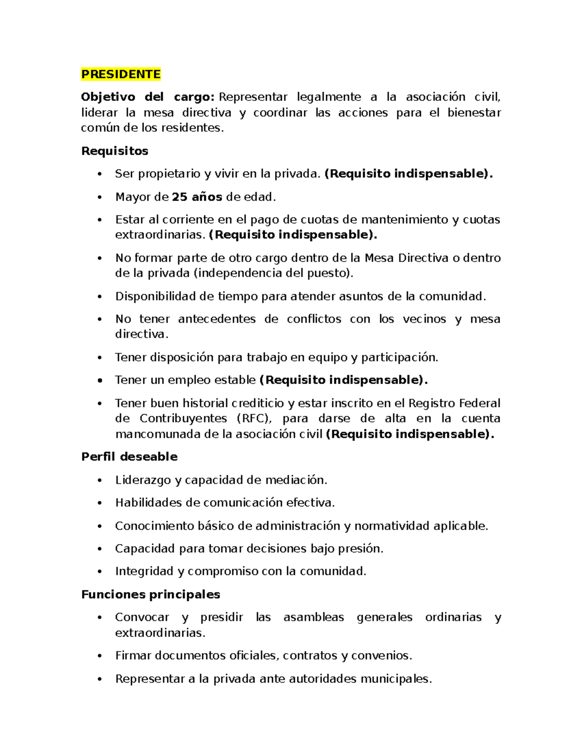 Perfiles de Cargos en la Mesa Directiva y Comisario - Studocu