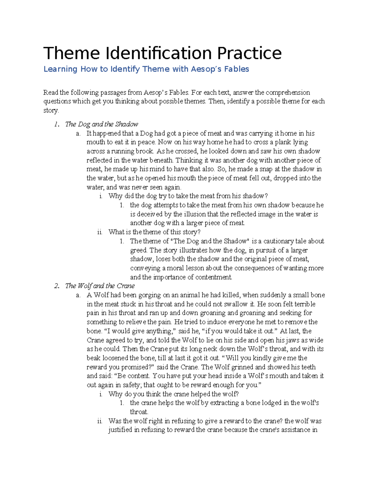 Theme Identification Practice: Analyzing Aesop's Fables Themes - Studocu