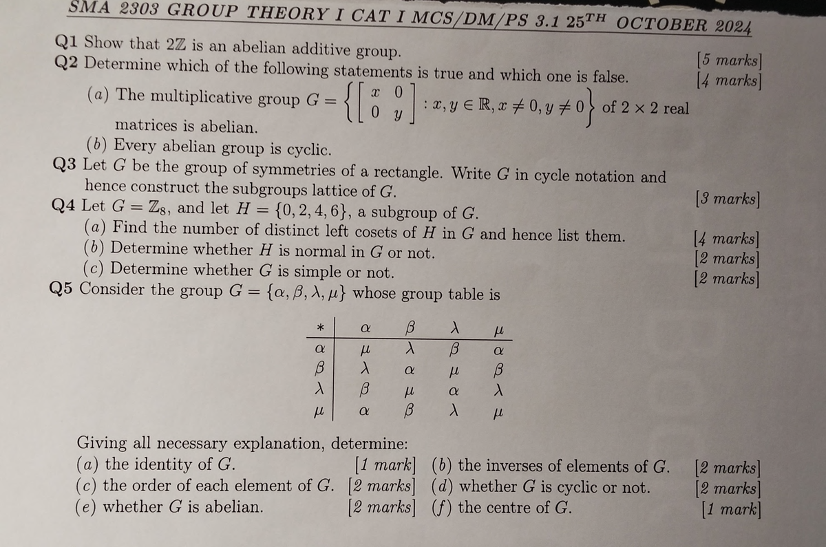 Group Theory SMA 2303 CAT 1 Exam Questions - 25th Oct 2024 - Studocu