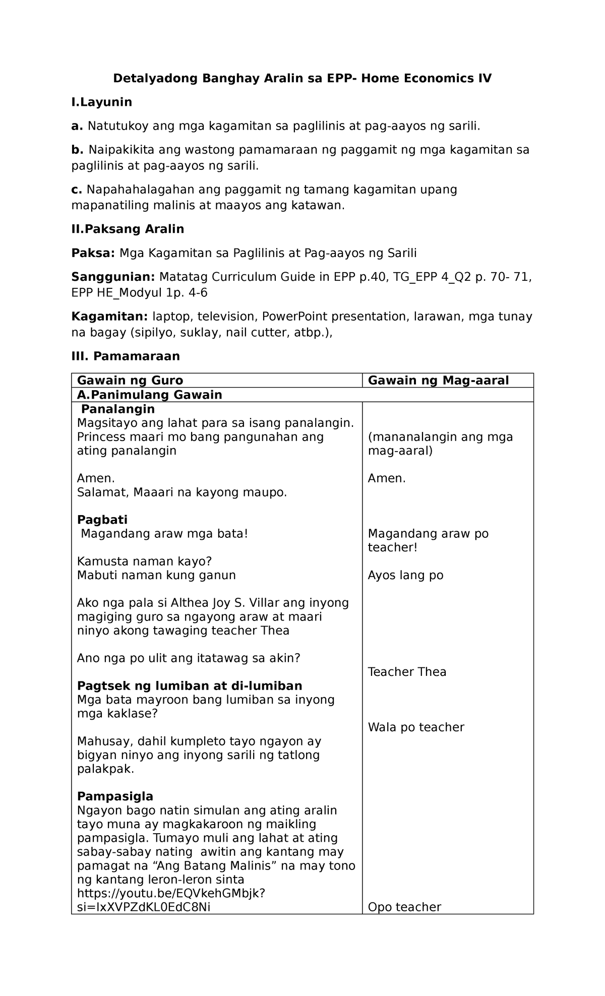 Detalyadong Banghay Aralin sa EPP HE IV: Mga Kagamitan sa Paglilinis at ...