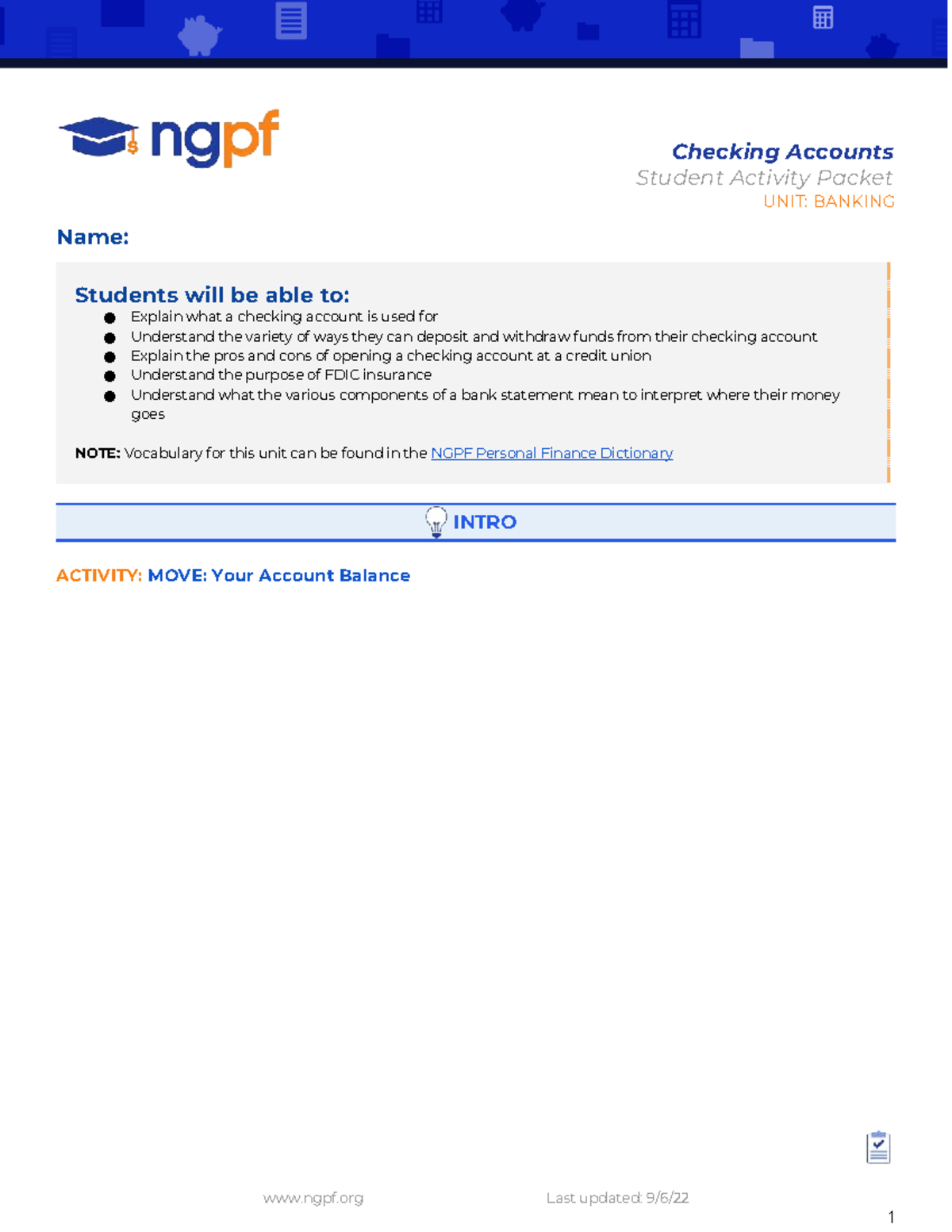 Checking and Savings Accounts Student Activity Packet: Banking Unit ...
