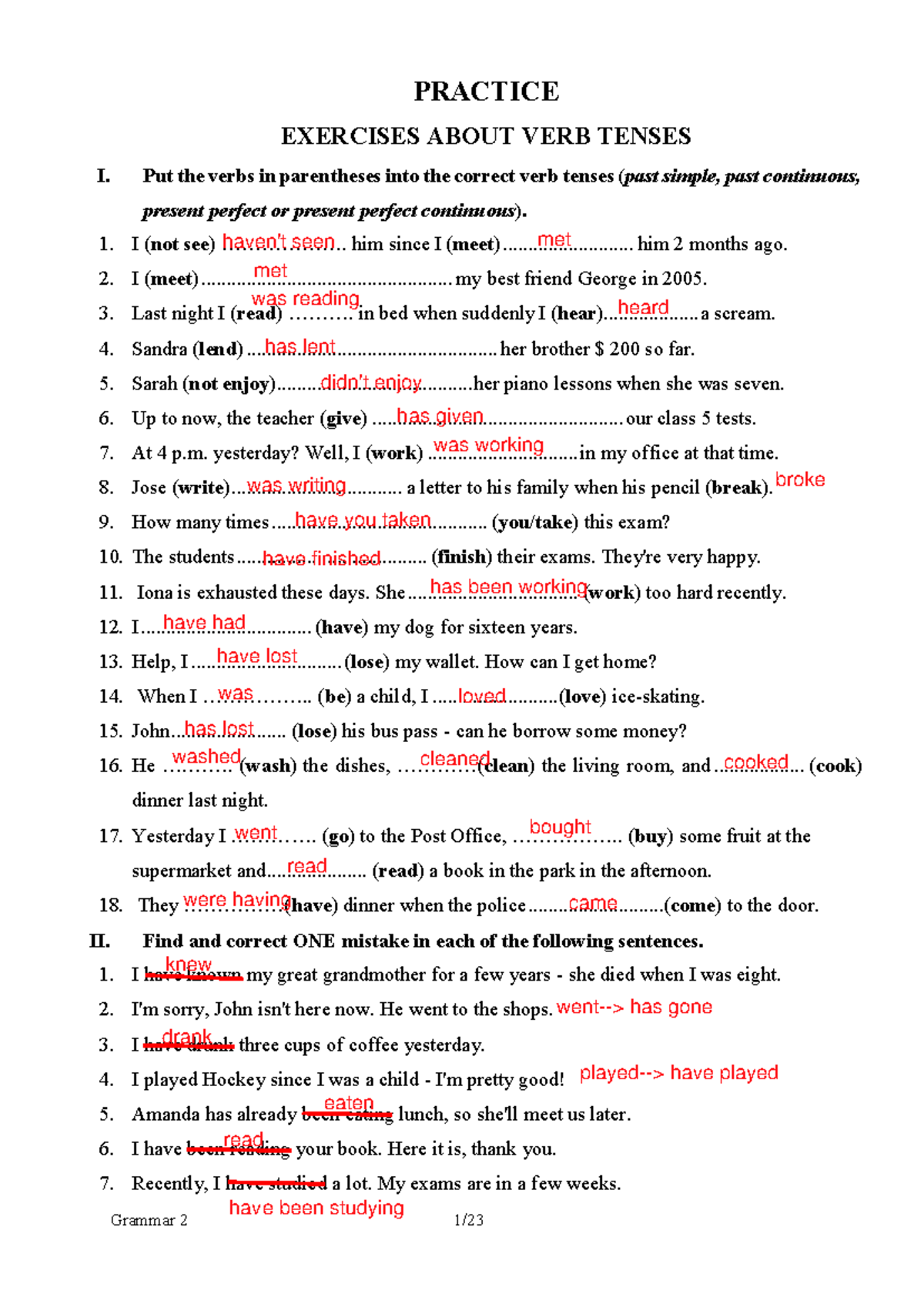 English Verb Tenses Practice Exercises (ENG101) - Studocu
