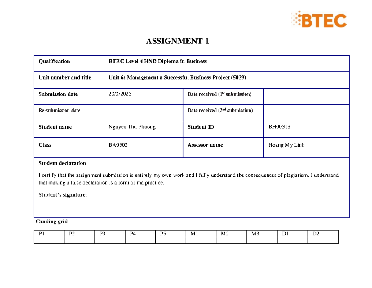 ASM1 project Nguyen -Thu Phuong-1 - ASSIGNMENT 1 Qualification BTEC Level 4 HND Diploma in ...