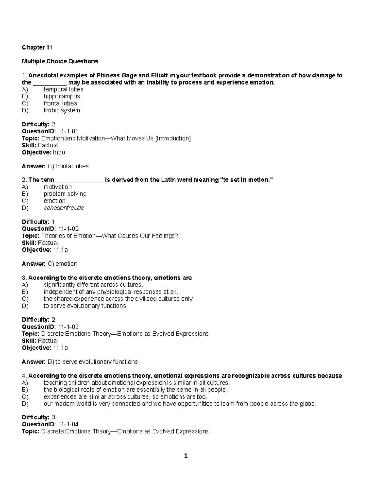 Chapter 11 - Emotion and Motivation Practice Quizzes (Psych 101) - Studocu