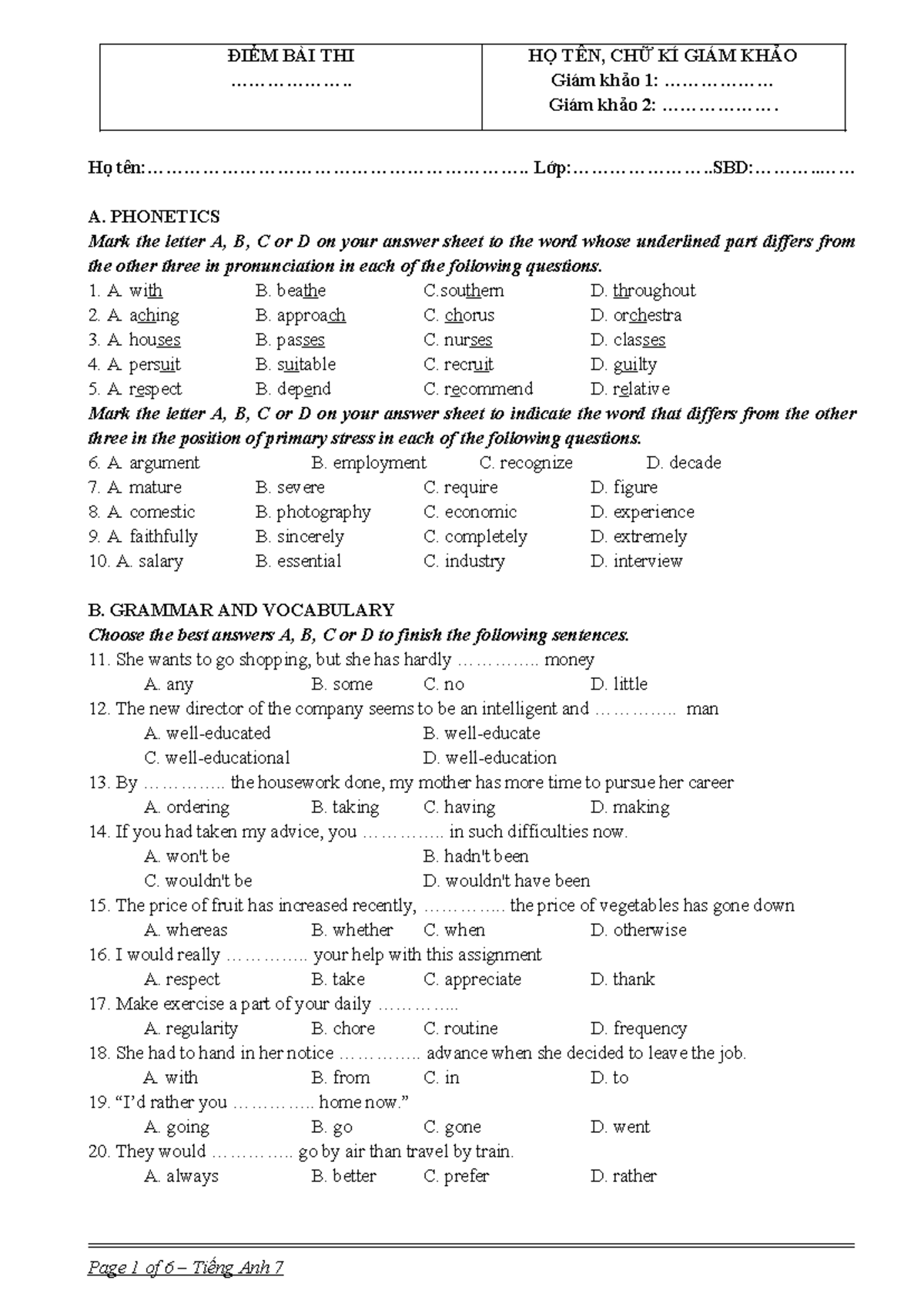 ĐỀ HSG - G7 - BÀI THI TIẾNG ANH VỀ PHONETICS, GRAMMAR, READING, WRITING ...