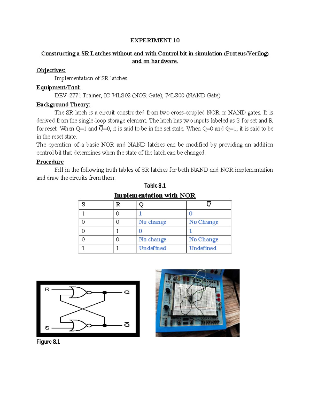 Experiment 10: Constructing SR Latches with Control Bit (IC 74LS02 ...