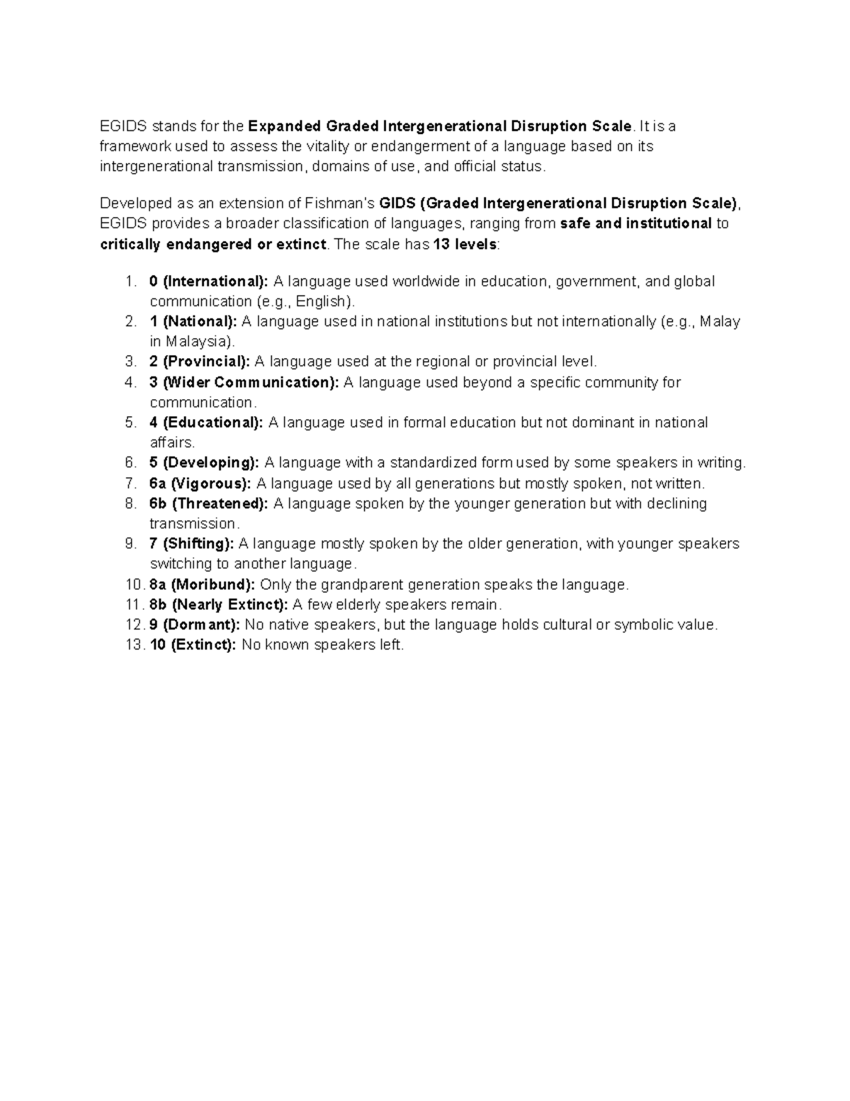 EGIDS Framework: Assessing Language Vitality and Endangerment - Studocu