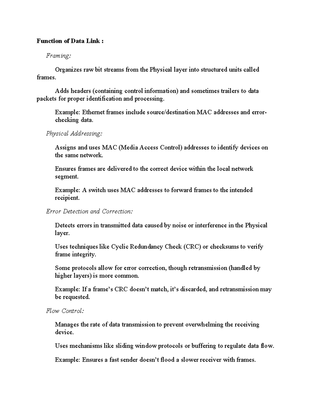 Data Link Layer Functions: Framing, Addressing, and Control - Studocu