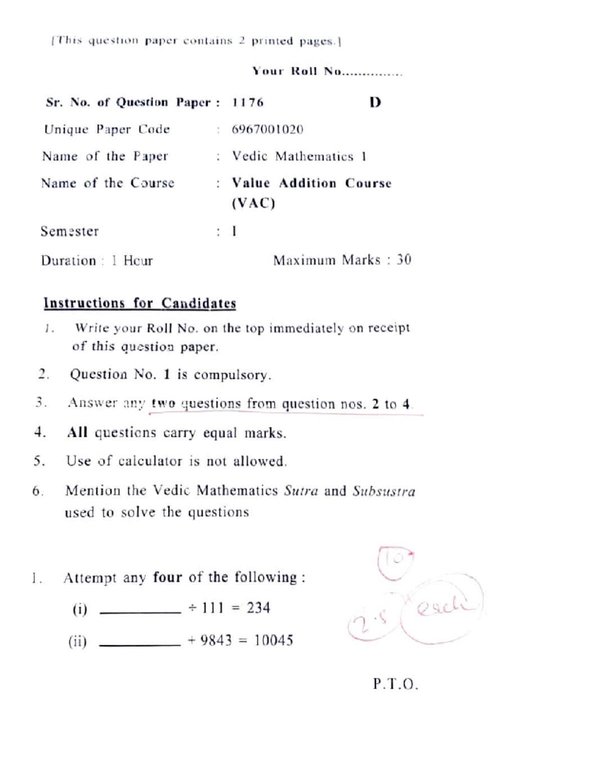 VAC 1 Vedic Mathematics - I Final Exam Question Paper (Max 30 Marks ...