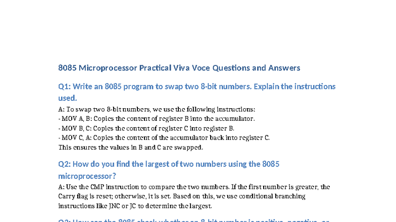 8085 Microprocessor Practical Viva Voce Q&A Guide - Studocu