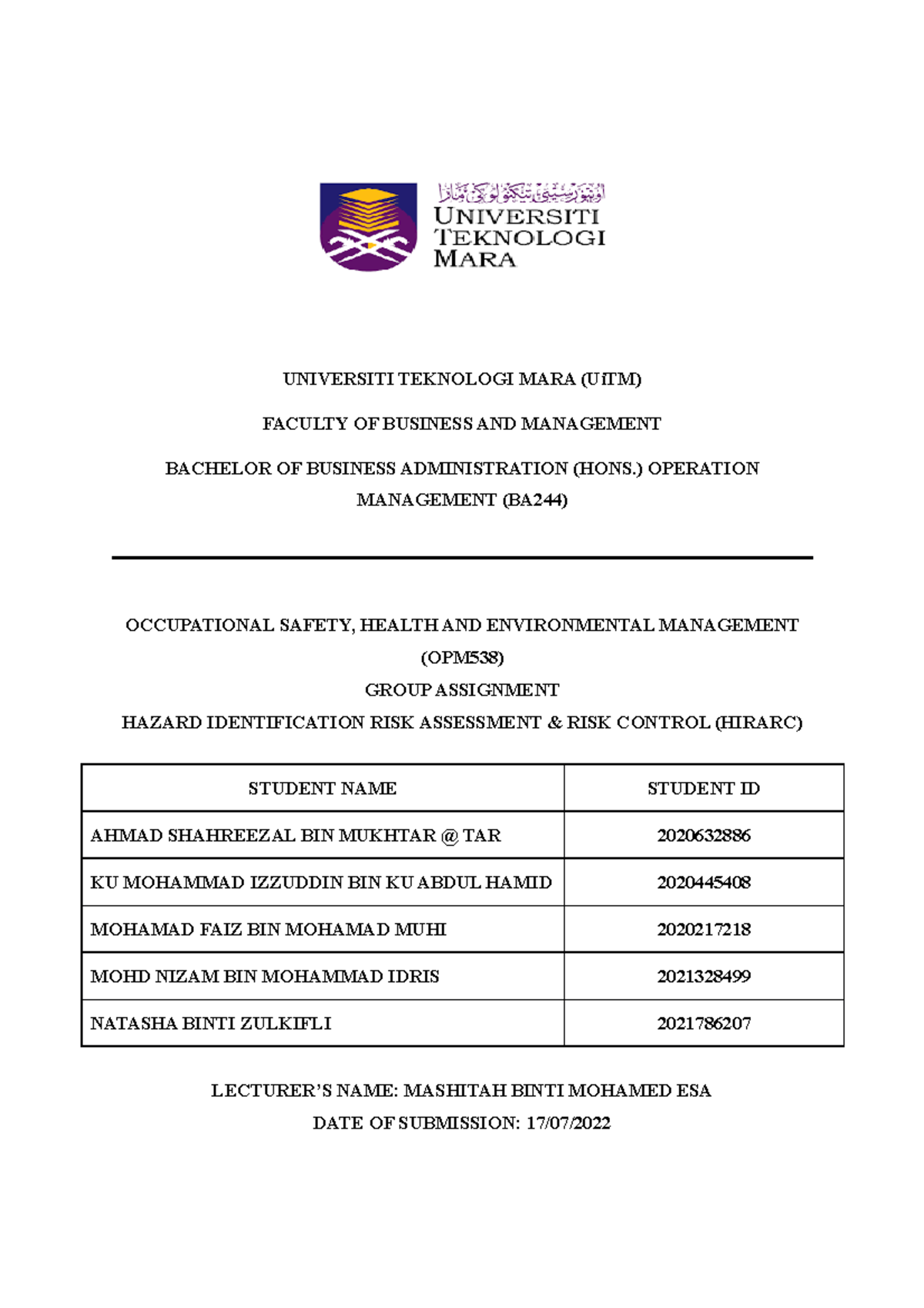 HIRARC Group Assignment Report (OPM538) - OSH Risk Assessment & Control ...