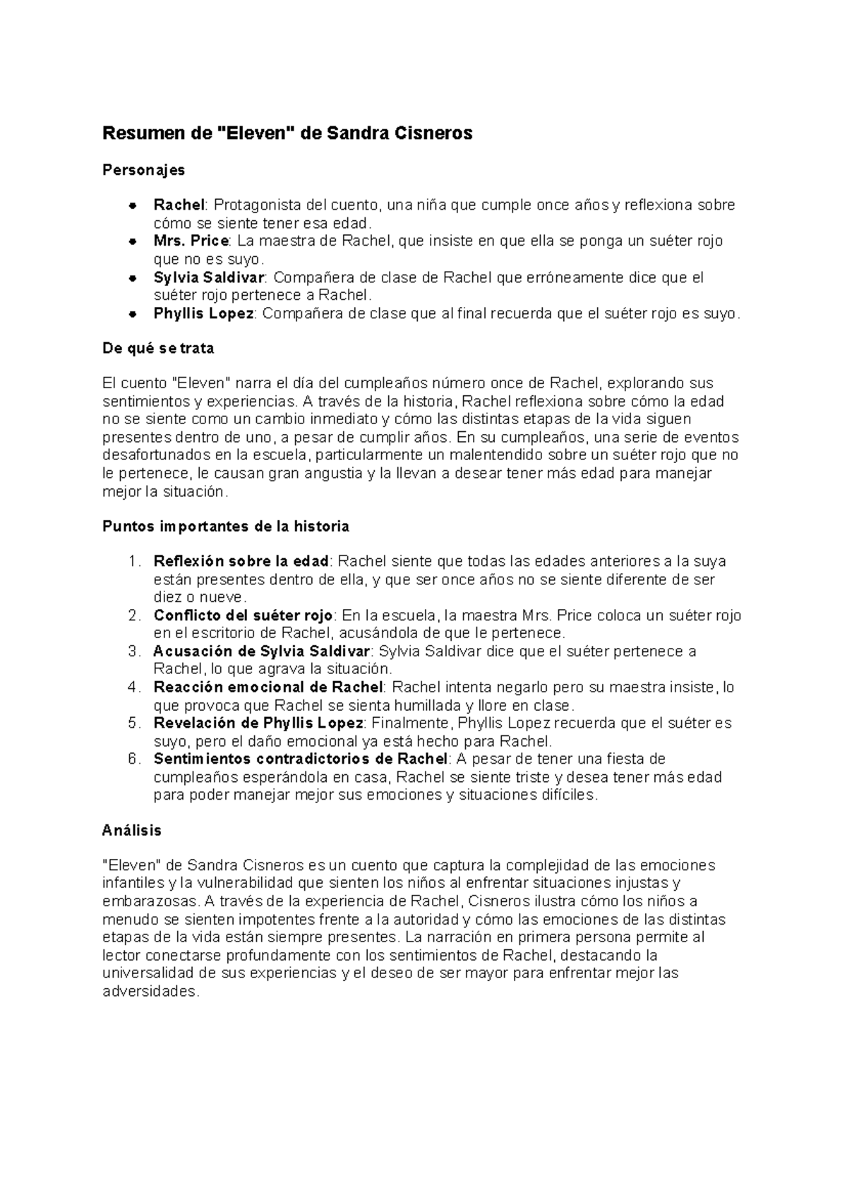 Resumen y Análisis de "Eleven" por Sandra Cisneros - Lit 101 - Studocu