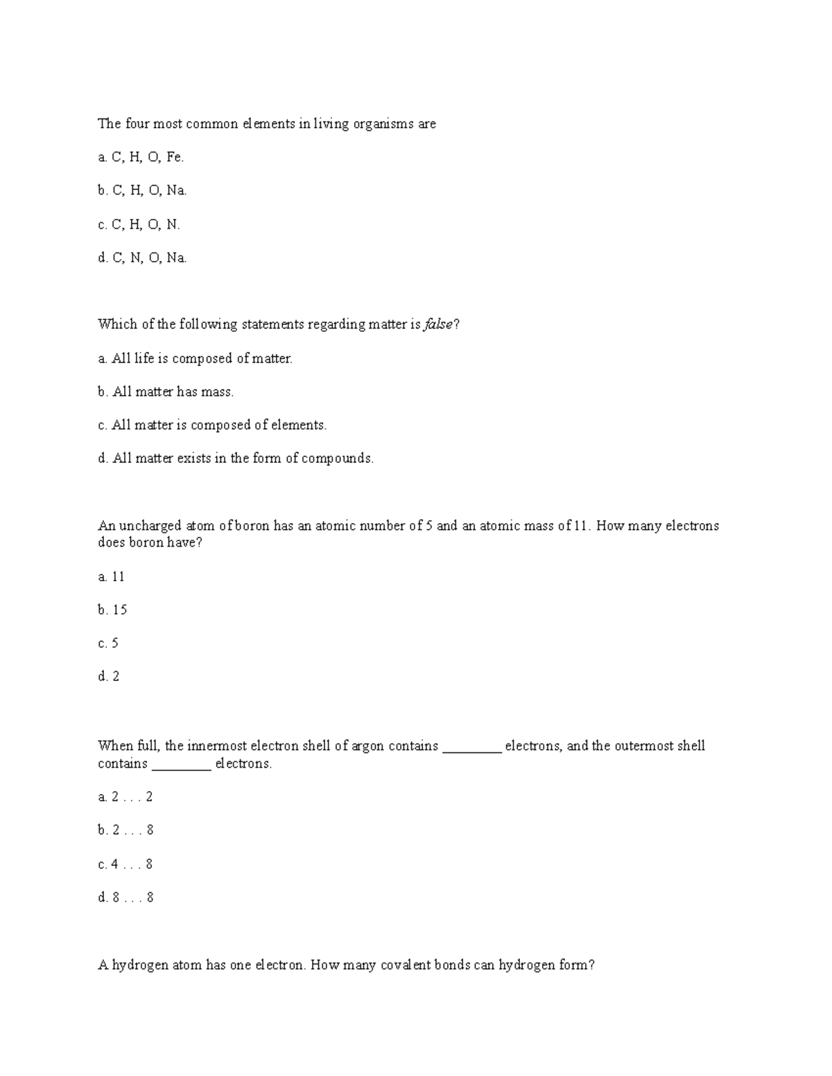 Atoms, Bonding, Water, and pH Review Questions (BIO101) - Studocu