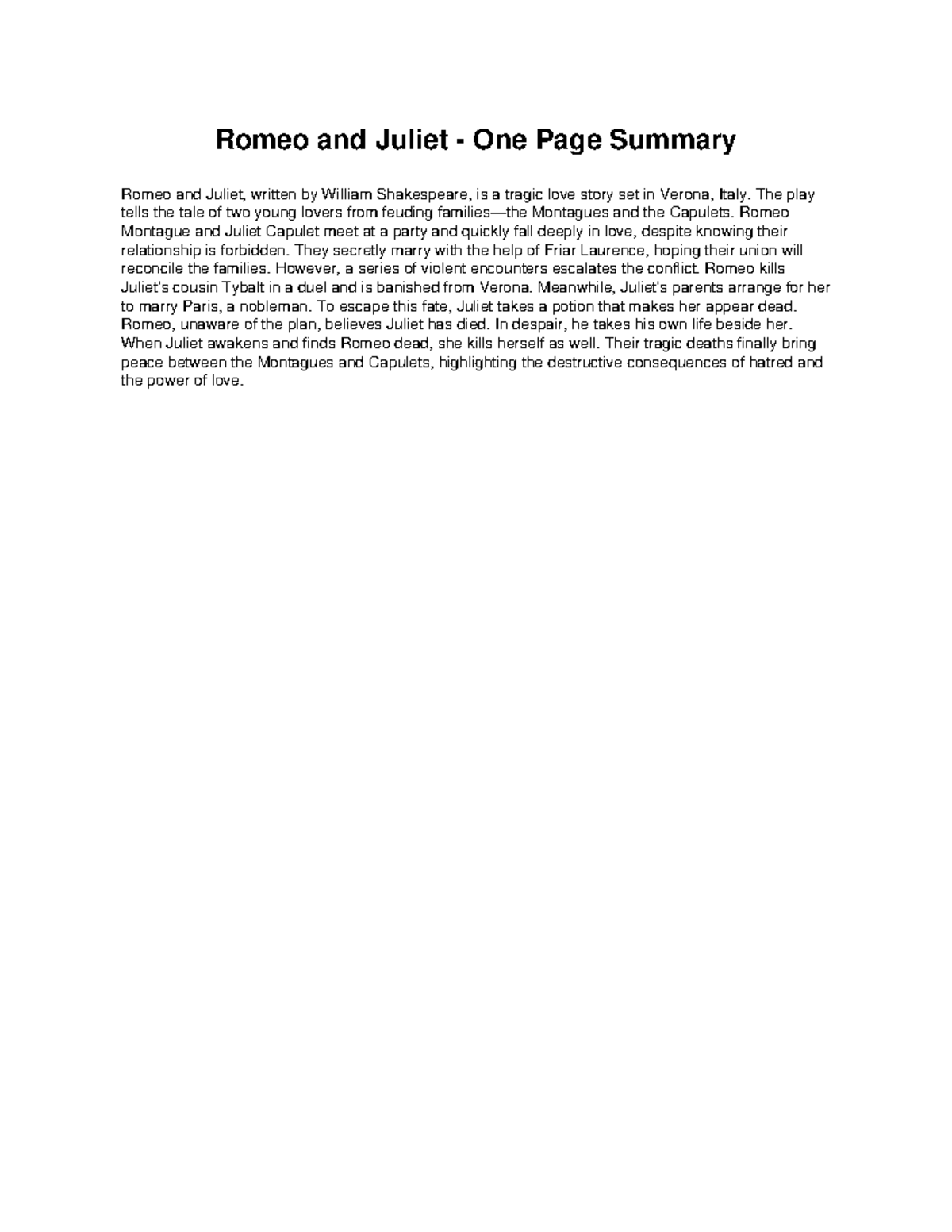 ENG 101: Romeo and Juliet One-Page Summary and Analysis - Studocu