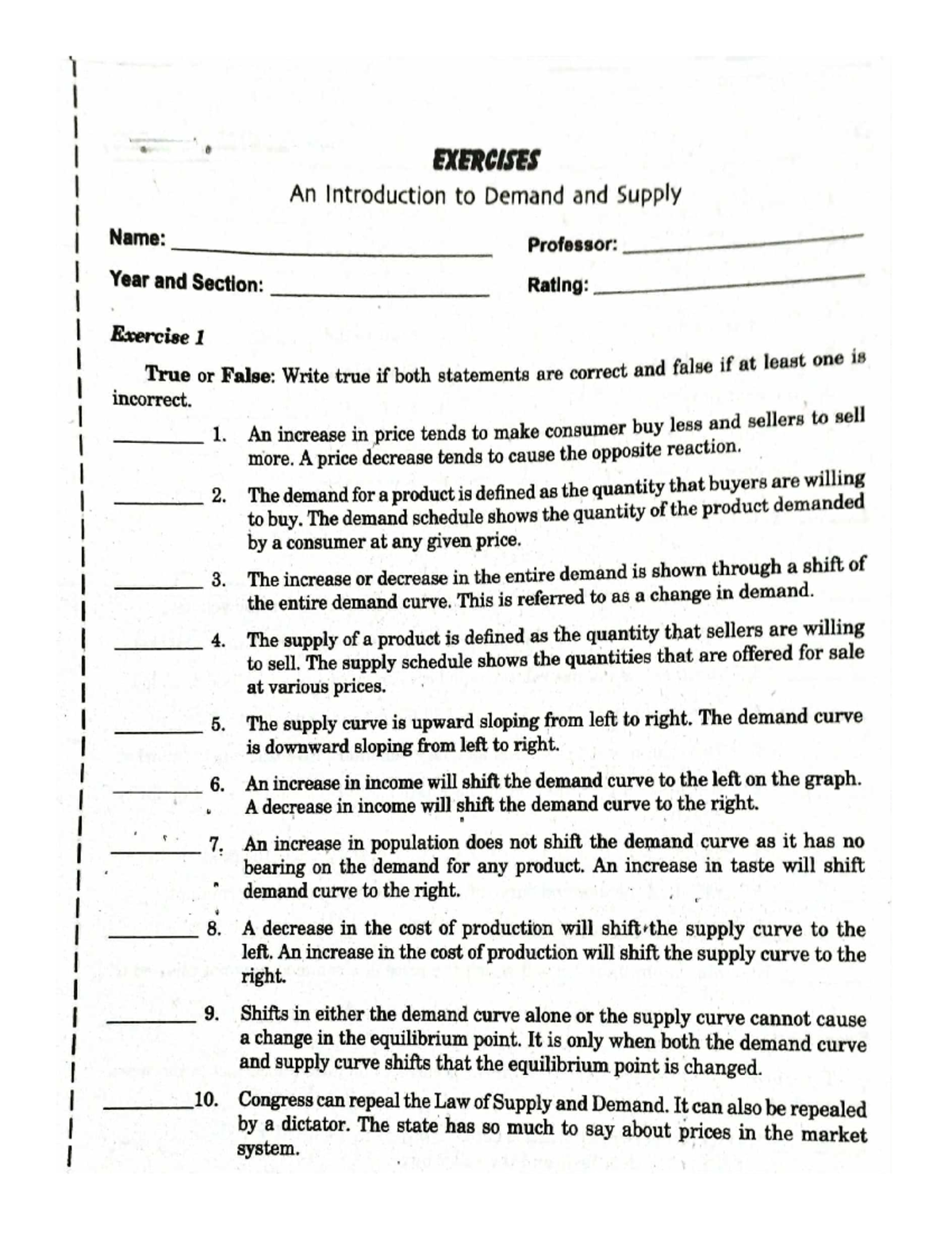 ECON 122 Exercises: Demand and Supply Concepts Review - Studocu