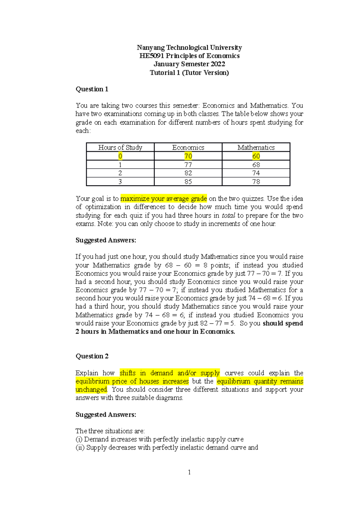 HE5091 Tutorial 1 Answers - Nanyang Technological University HE5091 ...